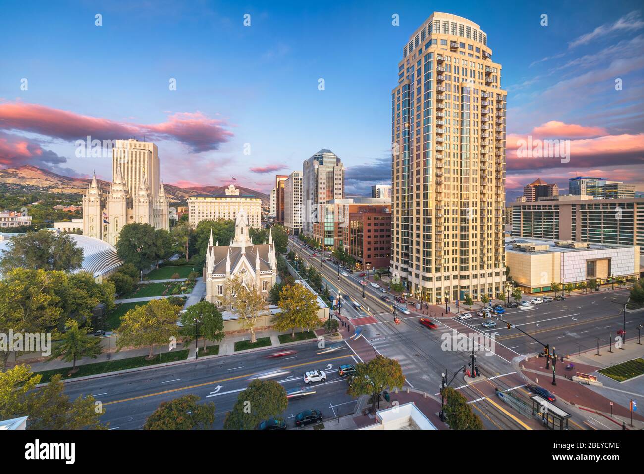 Salt Lake City, Utah, USA downtown cityscape over Temple Square at dusk ...