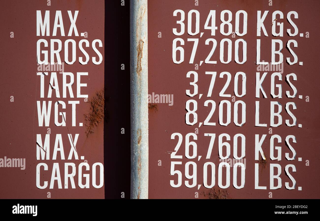 Maximum weights of a shipping container painted to the container wall ...