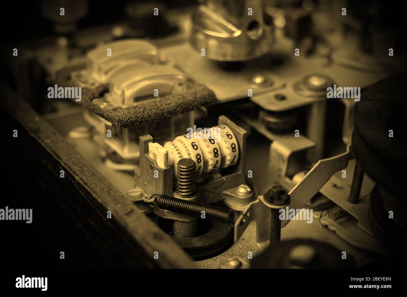 Old reel tape recorder. Detailed view of the internal structure of an ...