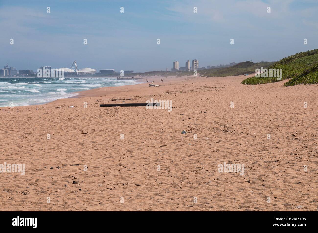Wooden pole washed up on sandy beach in Durban, South Africa Stock ...