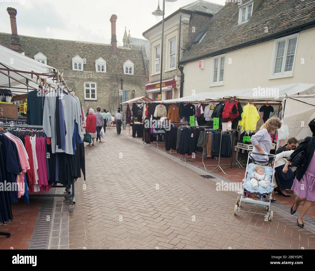 1992, Ely town Centre, and market place, east England, UK with people ...