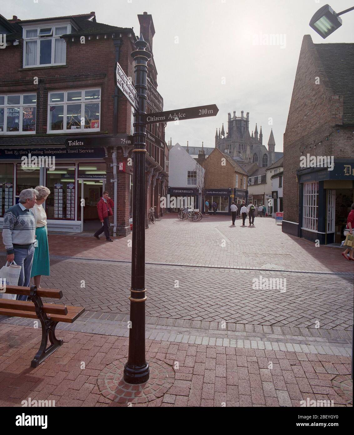 1992, Ely town Centre, and market place, east England, UK with people ...