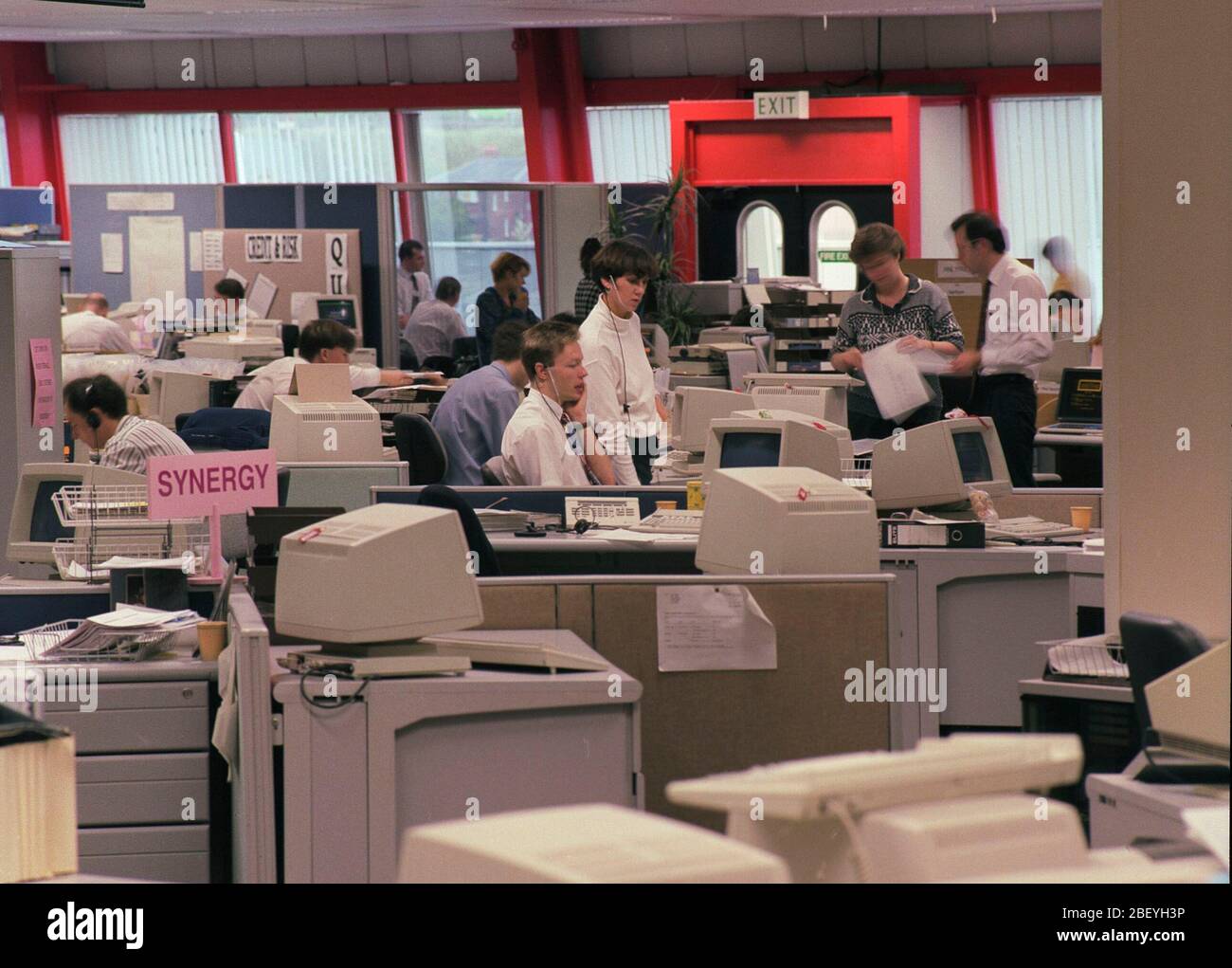 Office people at work in telephone banking call centre, UK, in 1992 ...