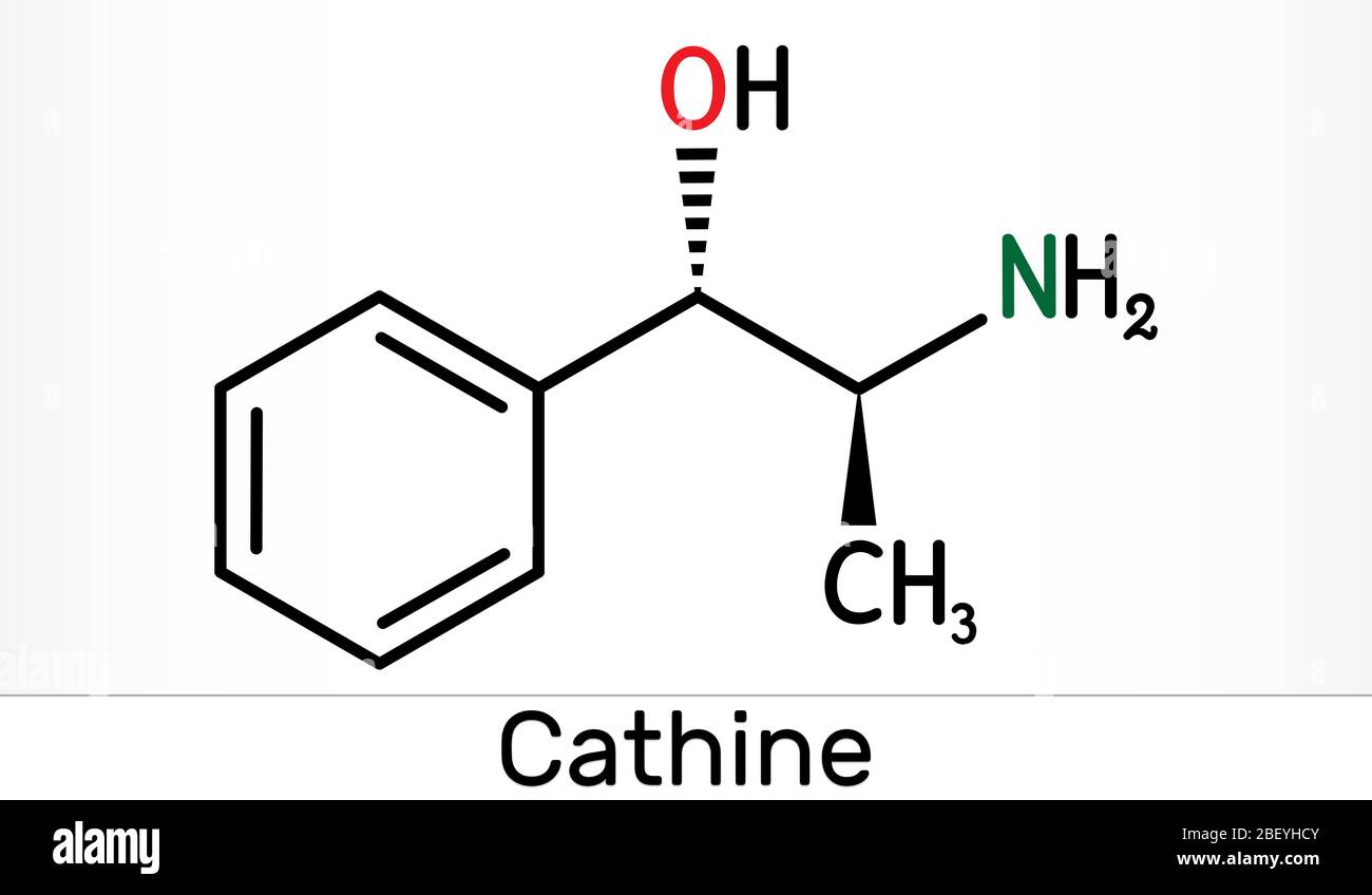 Cathine, norpseudoephedrine, C9H13NO molecule. It is alkaloid ...