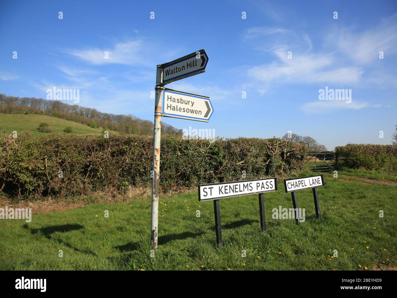 Road signs at the top of St Kenelms pass on the clent hills, England ...