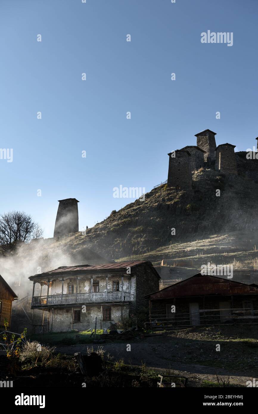 Caucasus, Georgia, Tusheti region, Omalo. The old fort overlooks the ...