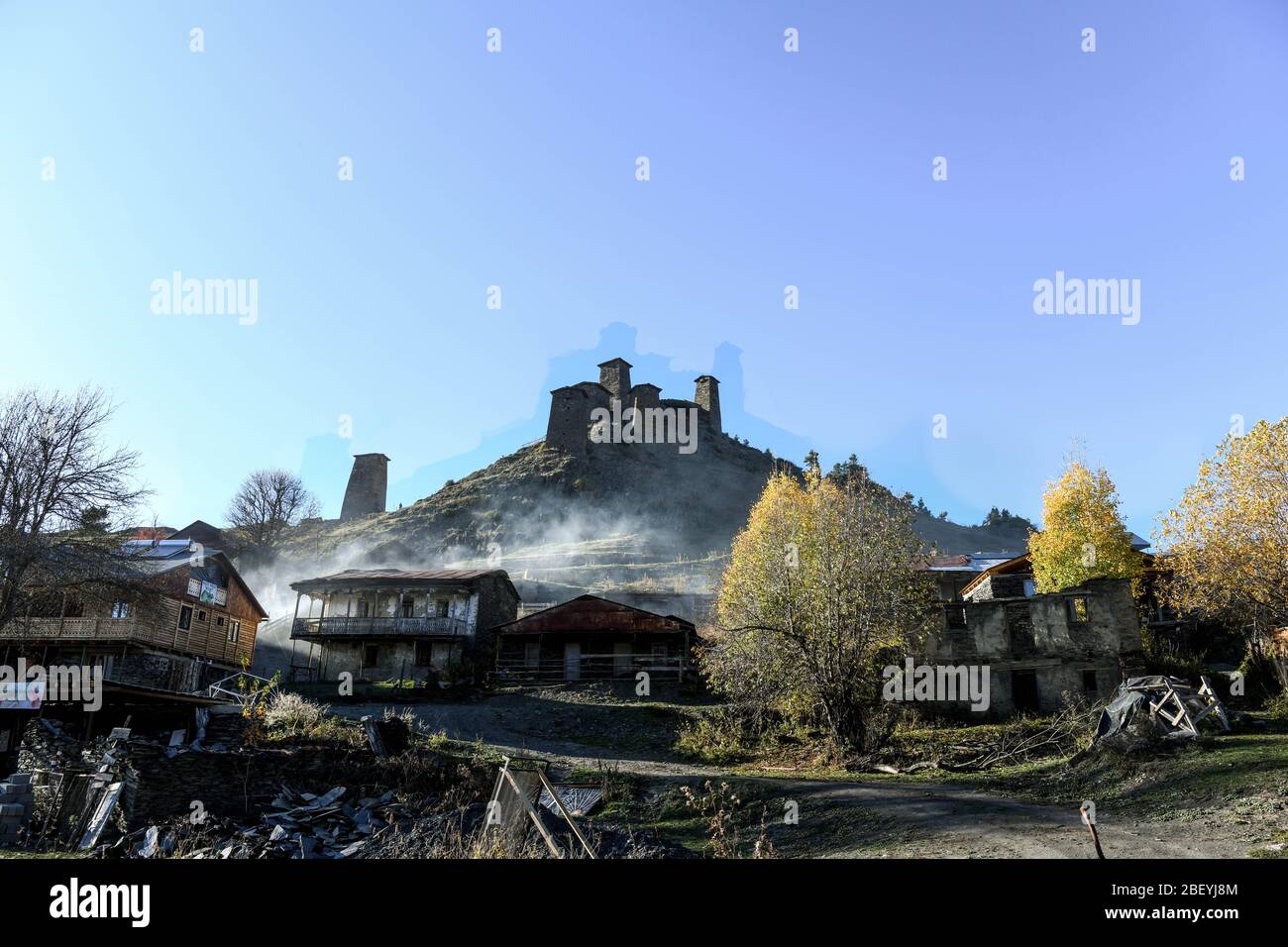 Caucasus, Georgia, Tusheti region, Omalo. The old fort overlooks the ...