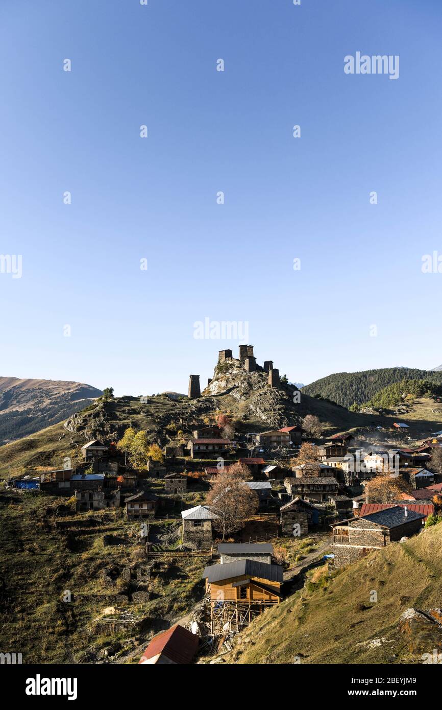 Caucasus, Georgia, Tusheti region, Omalo. The old fort overlooks the ...