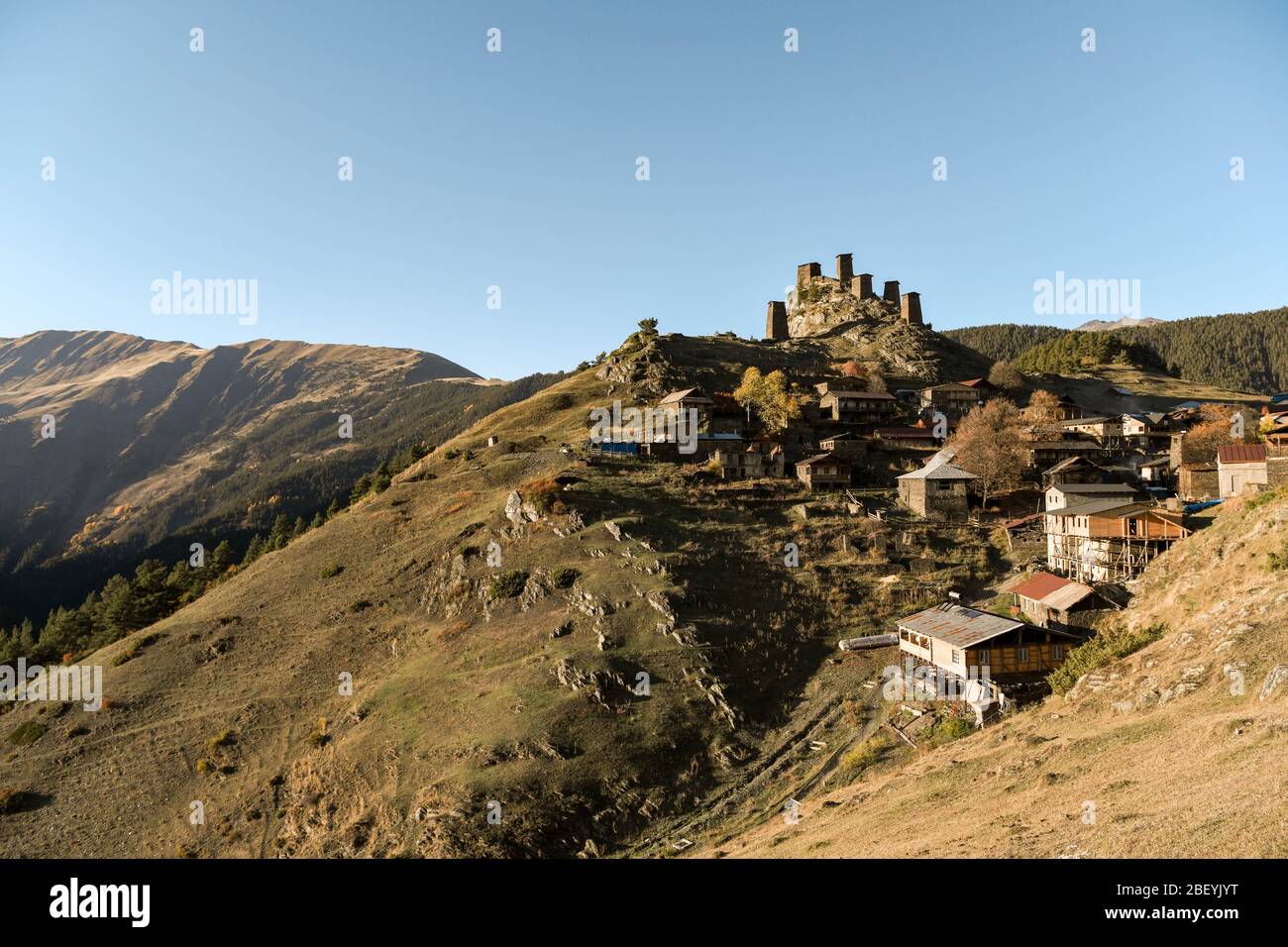 Caucasus, Georgia, Tusheti region, Omalo. The old fort overlooks the ...