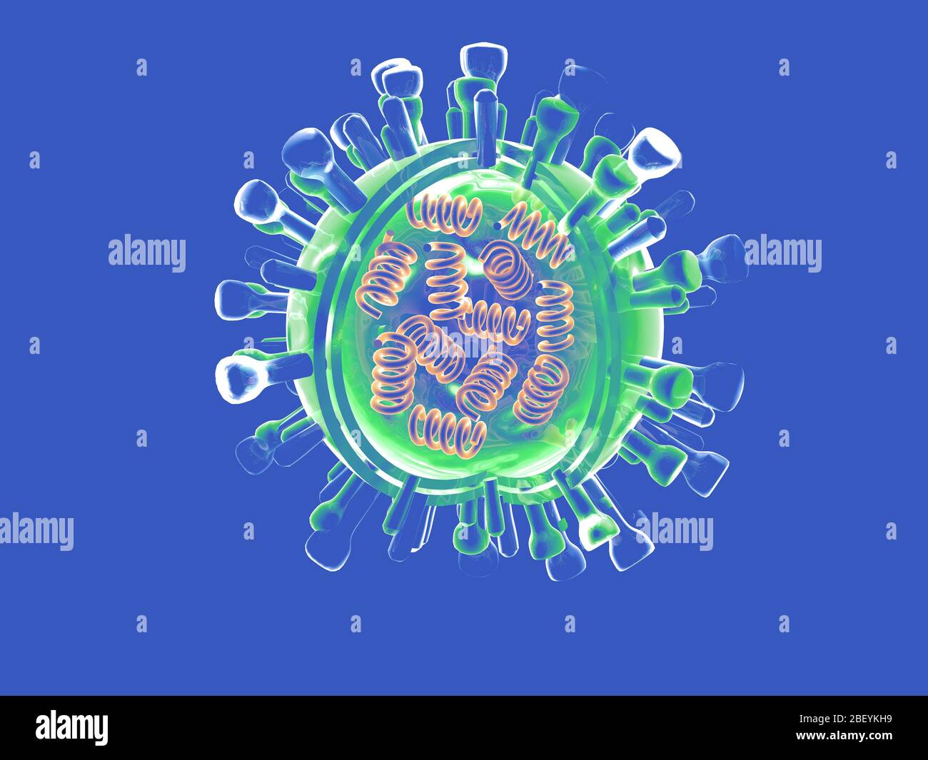 3D illustration of transparent crystal virus. On blue background ...