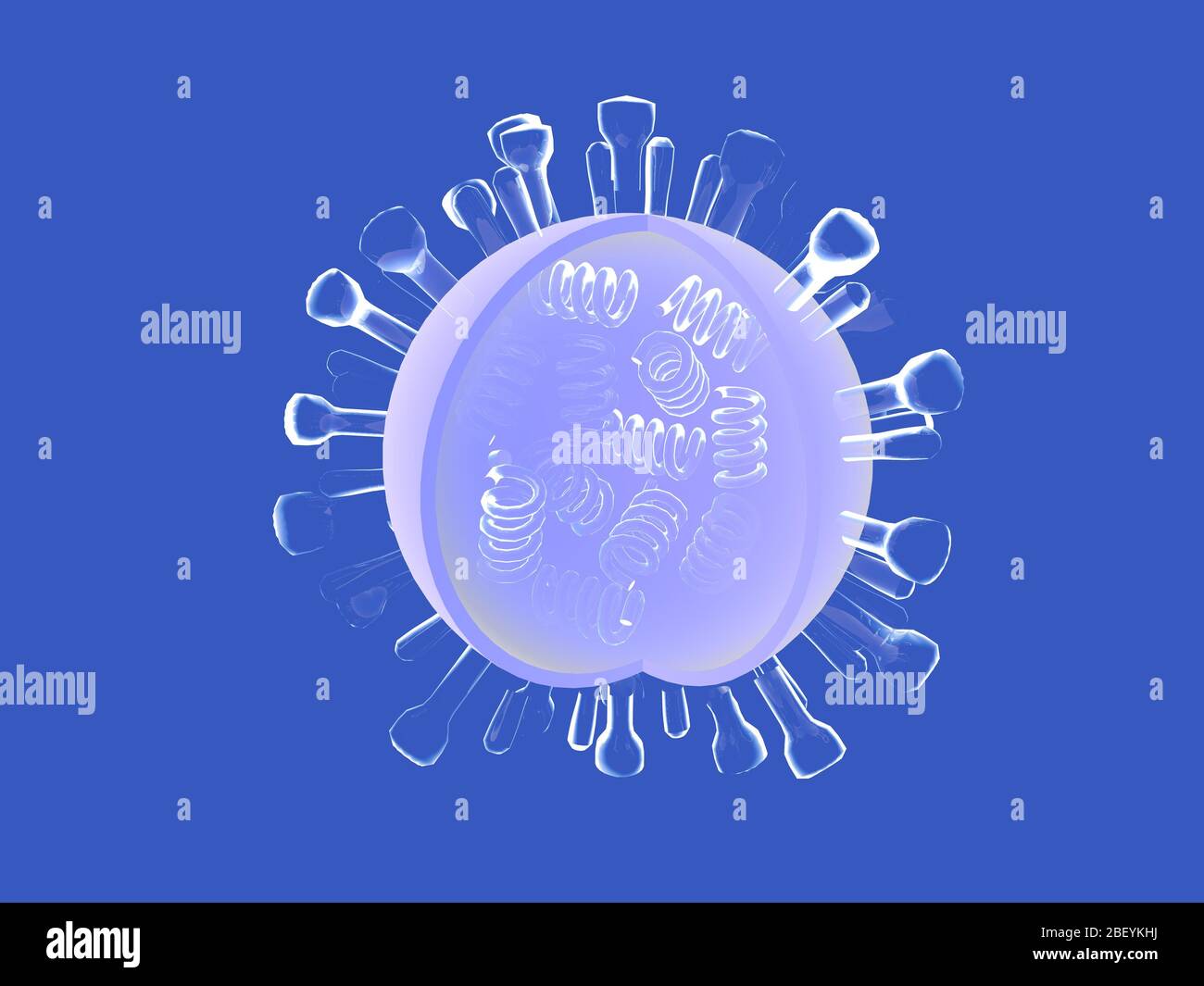 3D illustration of transparent crystal virus. On blue background ...