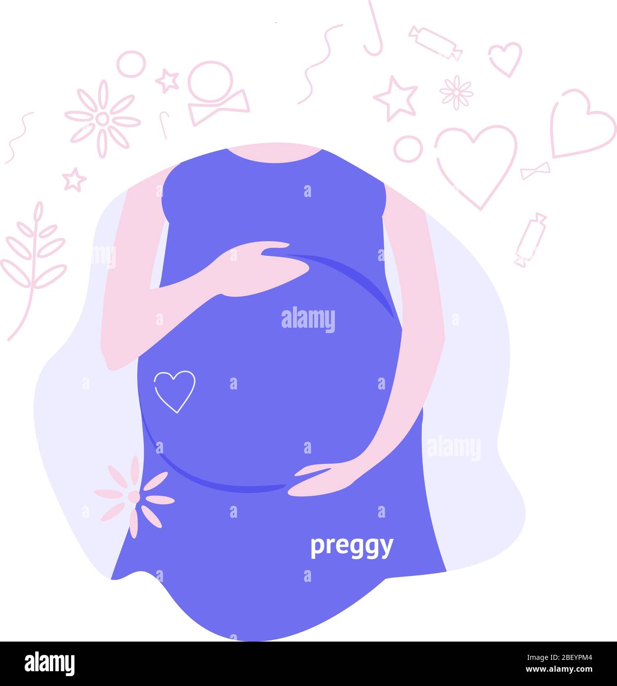 Belly of a pregnant woman on a tender background with hearts, sweets ...