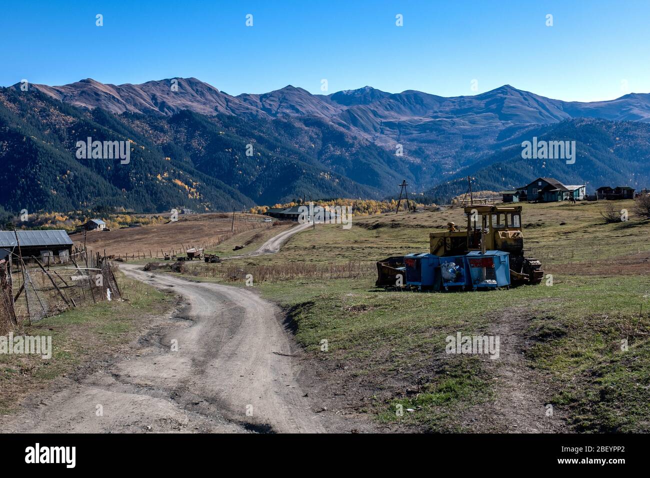 Caucasus, Georgia, Tusheti region, Omalo. Dirt road in the village of ...