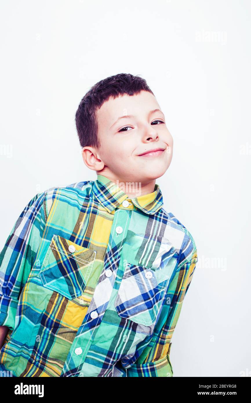little cute real boy on white background gesture smiling close up ...