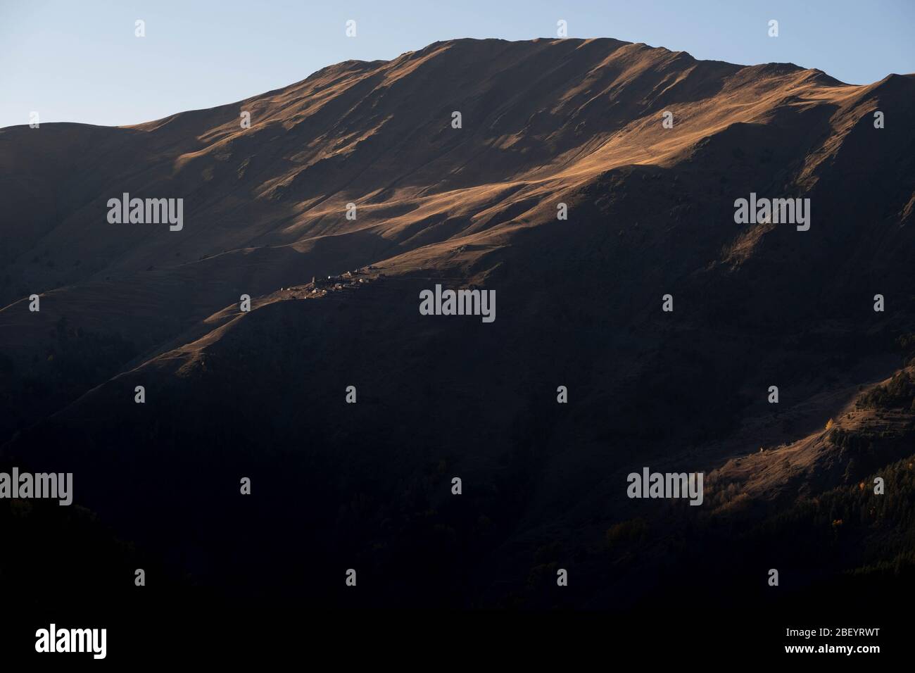 Caucasus, Georgia, Tusheti region, Omalo. A village on a mountainside ...