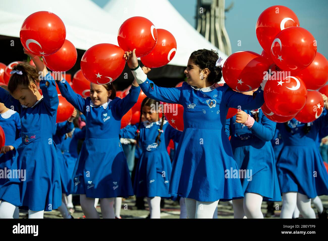 Izmir, Turkey - October 29, 2016: Junior school students with blue ...