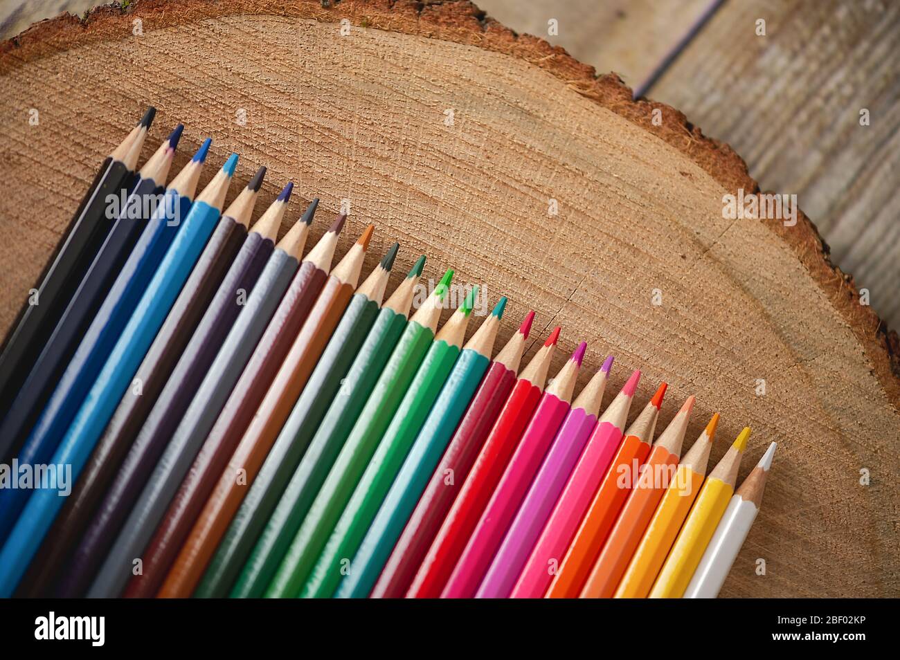 Close-up view of rainbow colored pencils on natural wood background ...