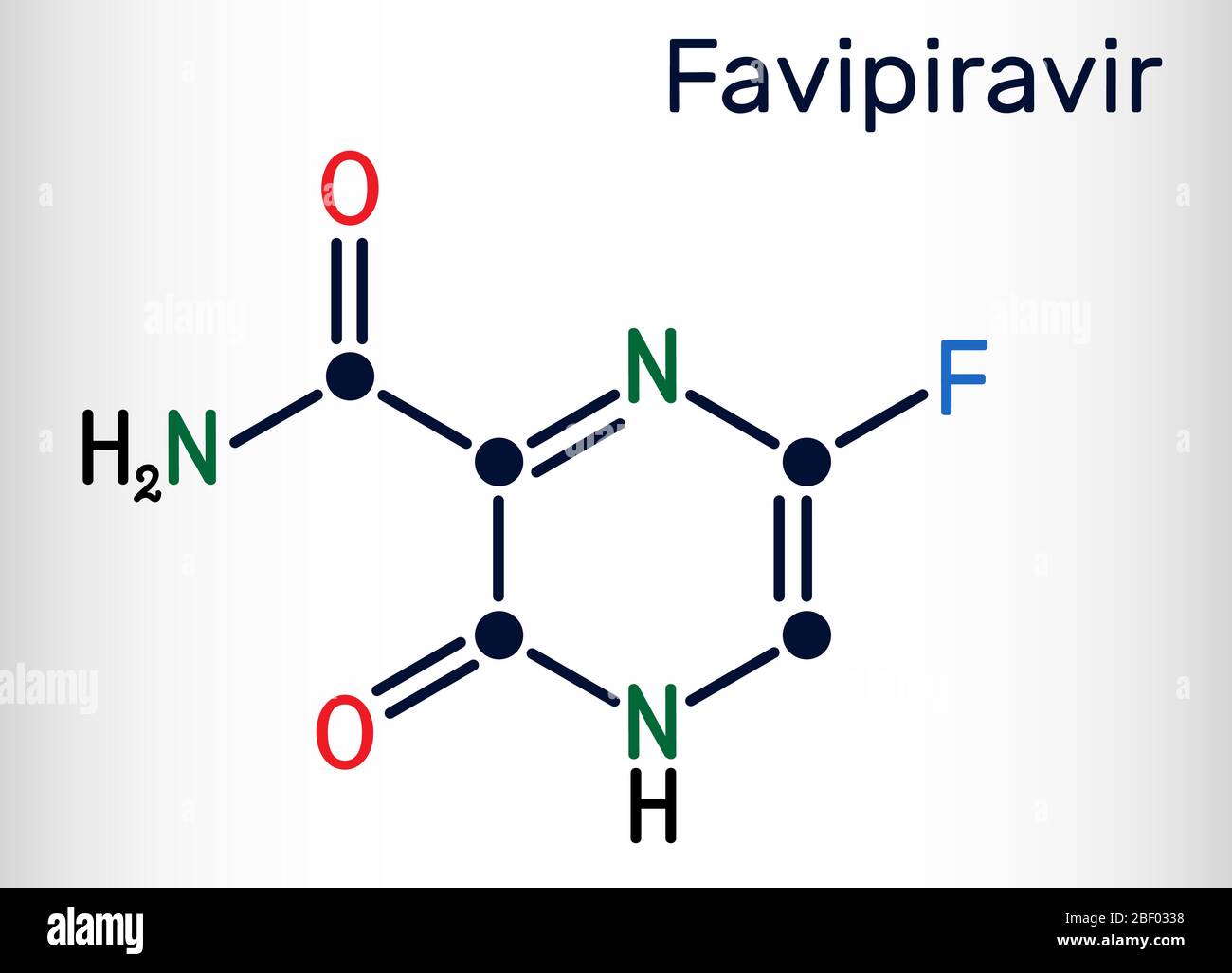 Favipiravir, C5H4FN3O2 molecule. It is antiviral medication, has ...