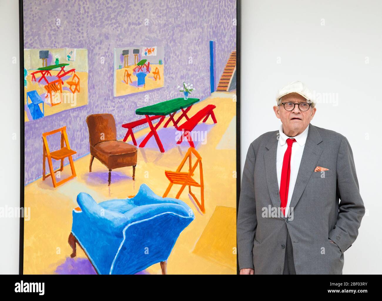Artist, printmaker, designer and photographer, David Hockney in an art gallery in Mayfair. He is ...