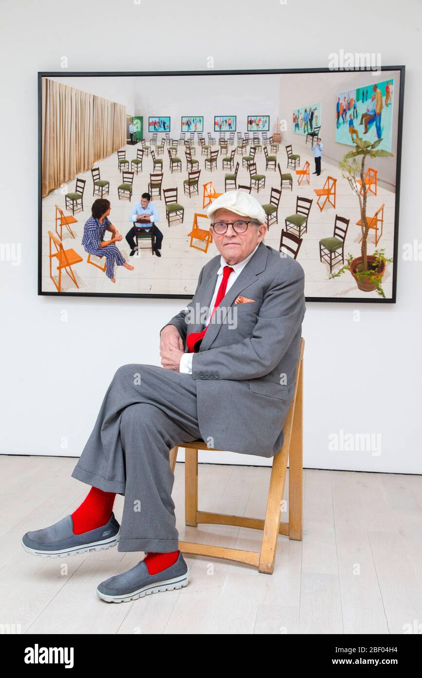 Artist, printmaker, designer and photographer, David Hockney in an art gallery in Mayfair. He is ...