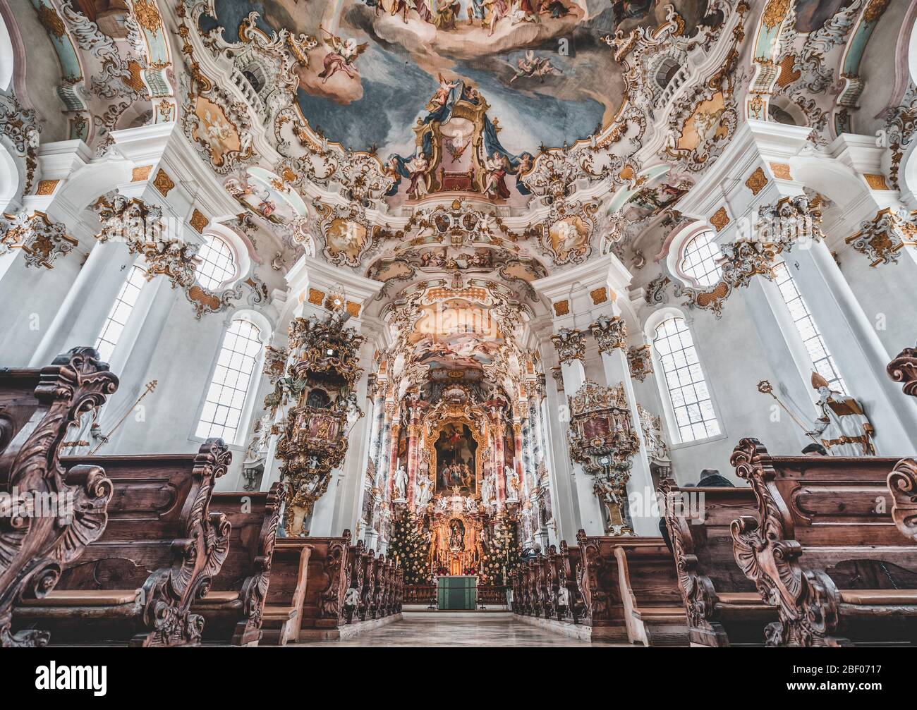 Feb 1, 2020 - Steingaden, Germany: Upward view of front facade with ...