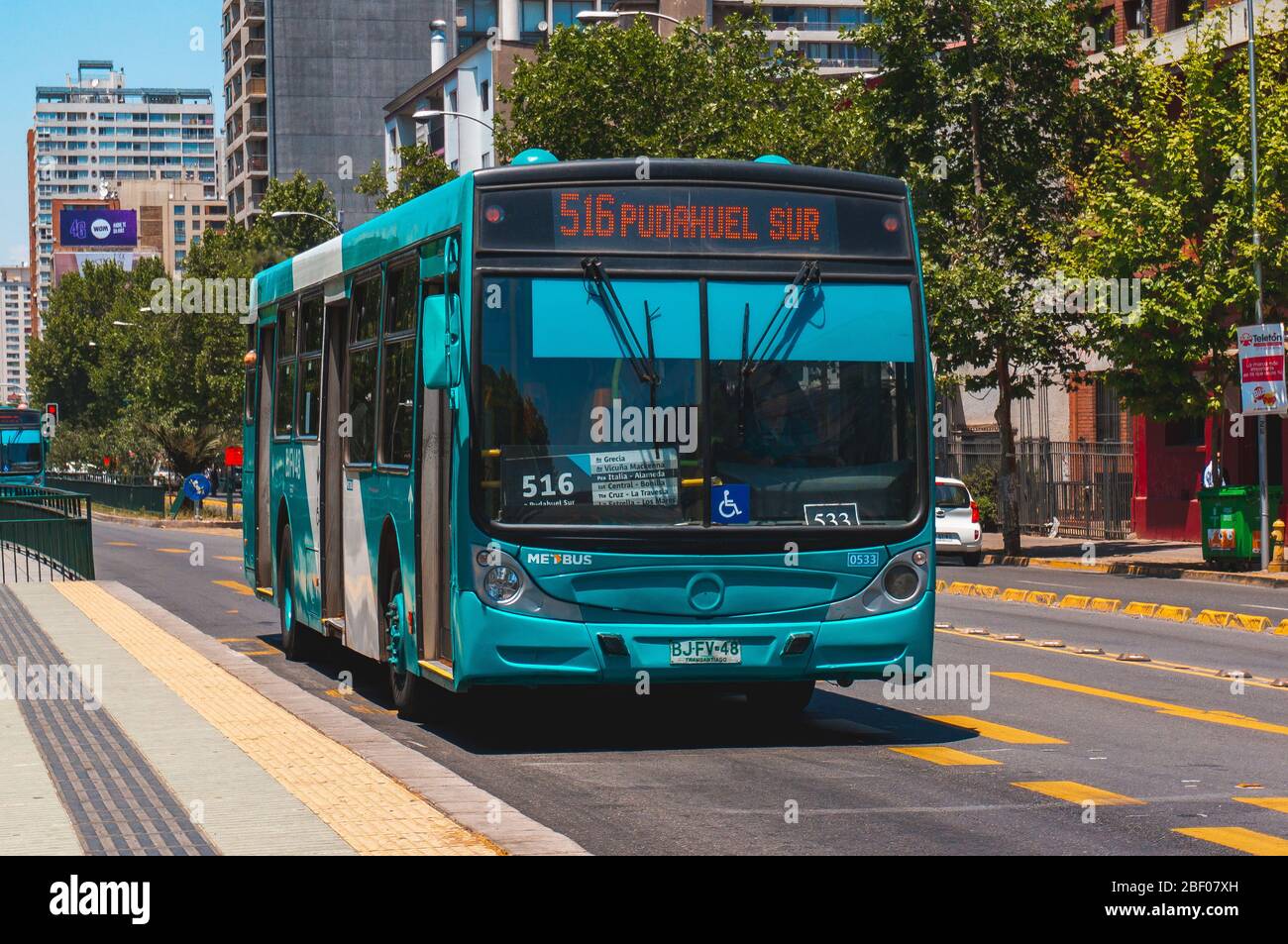 SANTIAGO, CHILE - NOVEMBER 2015: A Transantiago public transport bus in ...