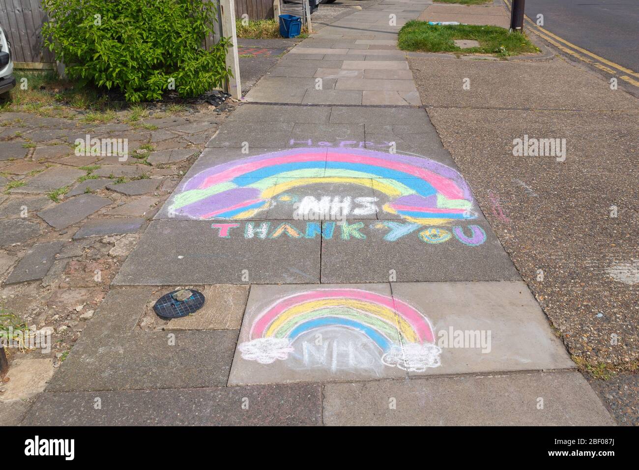 Southend-on-Sea, UK. 16th Apr, 2020. Chalk message and rainbow on a ...