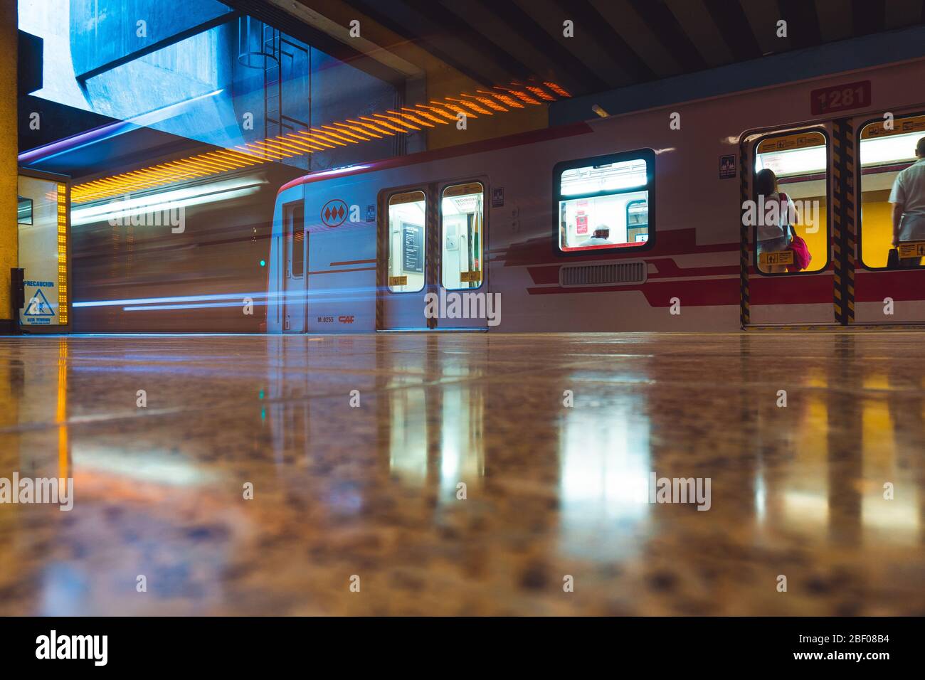 SANTIAGO, CHILE - NOVEMBER 2015: A Santiago Metro train at República ...