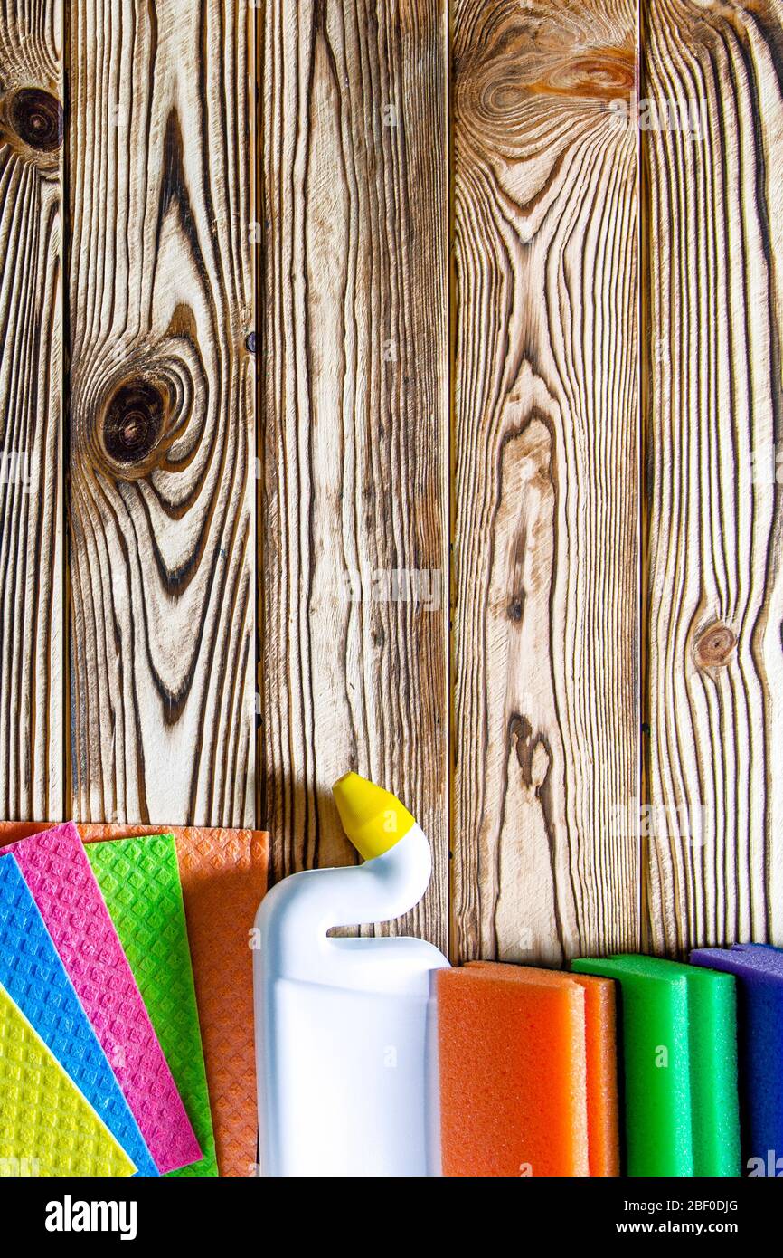 Colorful cleaning set for different surfaces in kitchen, bathroom and ...