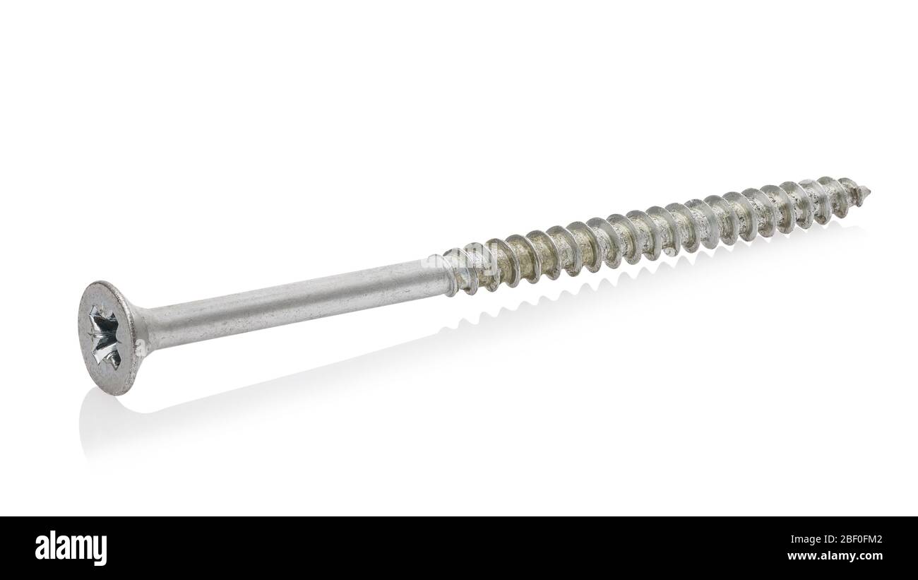 Elongated galvanized fine threaded screw isolated on white background ...