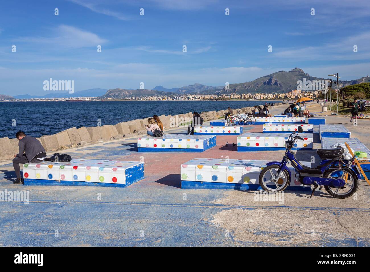 Ceramic beds in Foro Italico seafront park in Palermo city of Southern ...