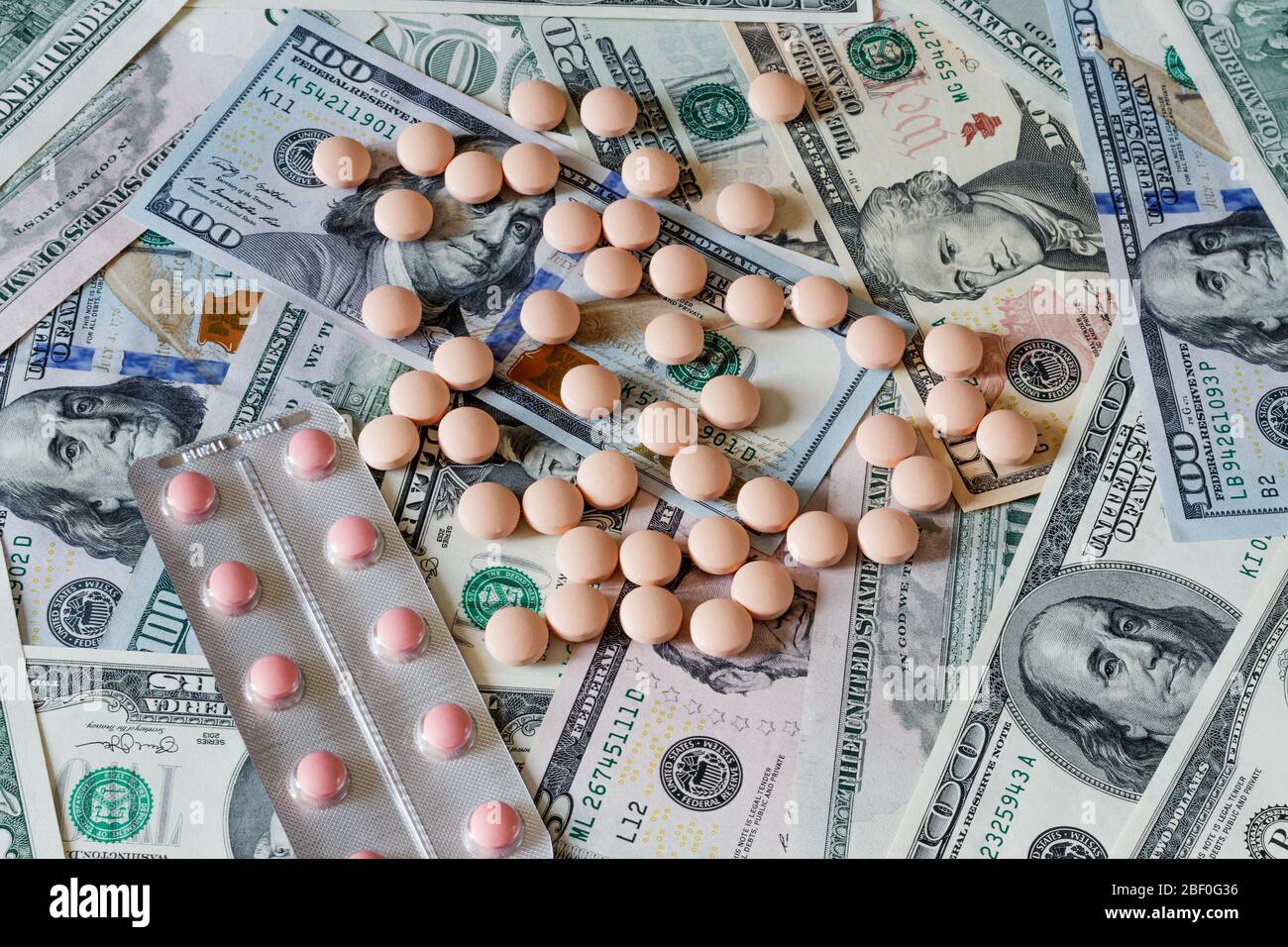 Medicine pills or capsules with dollars. Pharmacy prescription for ...