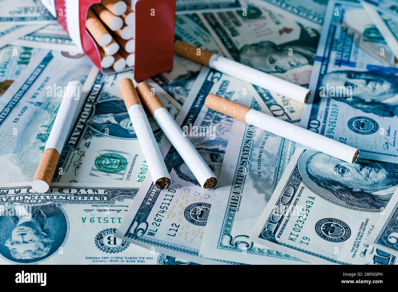 Concept of smoking cost. Cigaretes on a dollars background Stock Photo ...