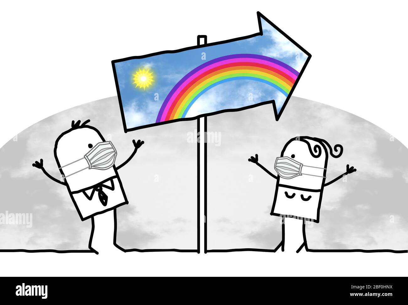 hand drawn Cartoon people with protection masks happy to see a colorful ...