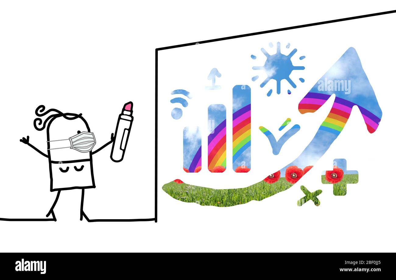 hand drawn Cartoon woman with protection mask drawing a colorful ...