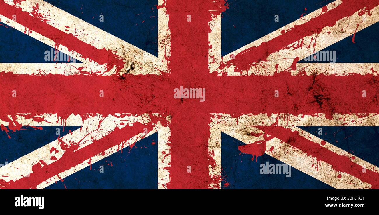 Old grunge UK flag with blood stains. National flag of Great Britain ...