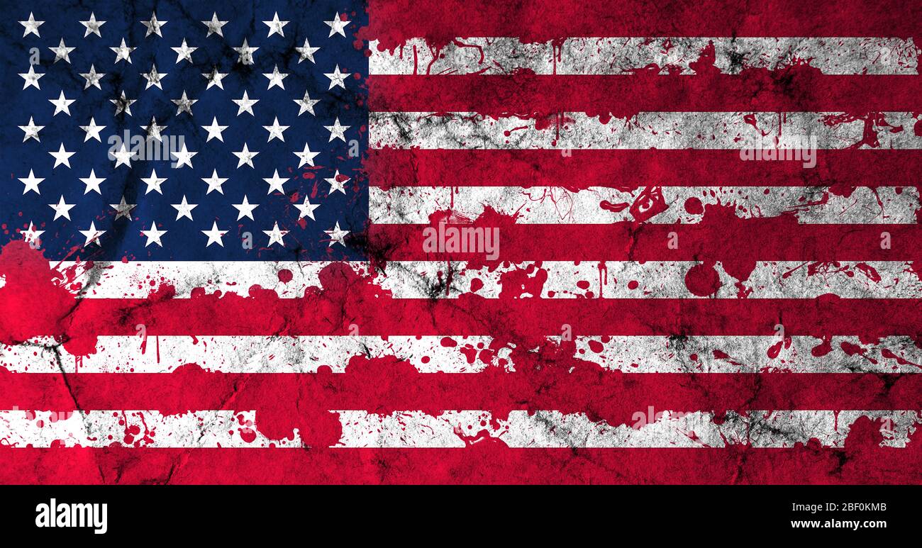 American flag with blood stains. USA national flag with blood splatters ...