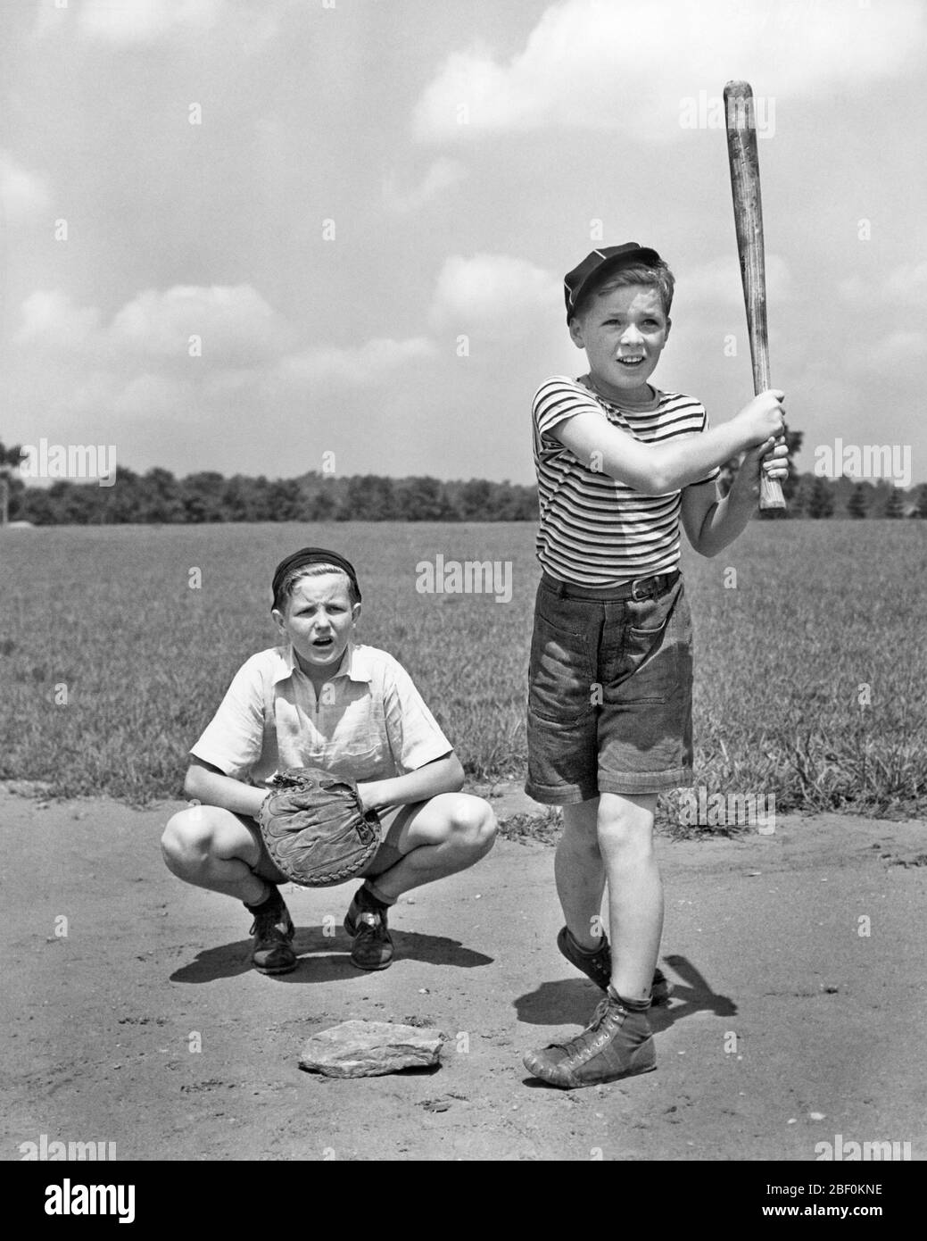 1930s TWO BOYS BATTER AND CATCHER PLAYING SANDLOT BASEBALL - b4253 ...