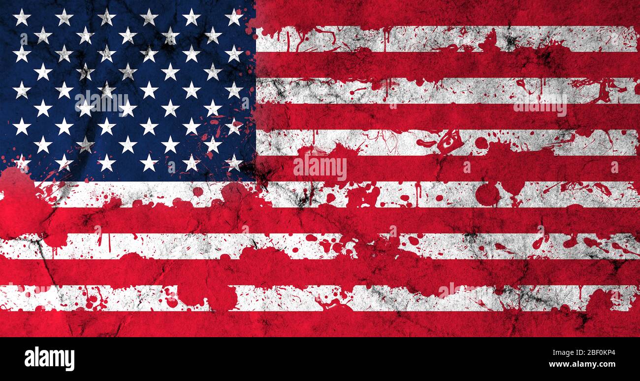 American flag with blood stains. USA national flag with blood splatters ...