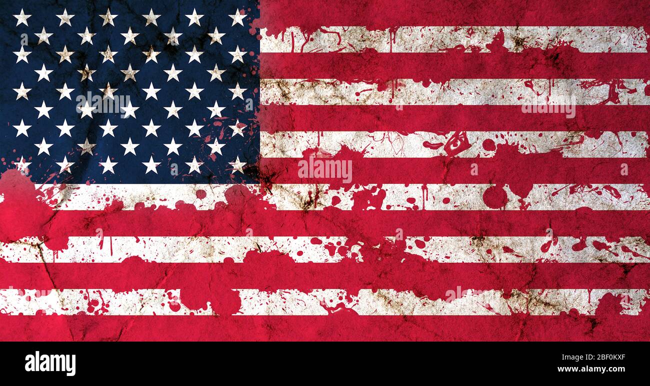 American flag with blood stains. USA national flag with blood splatters ...