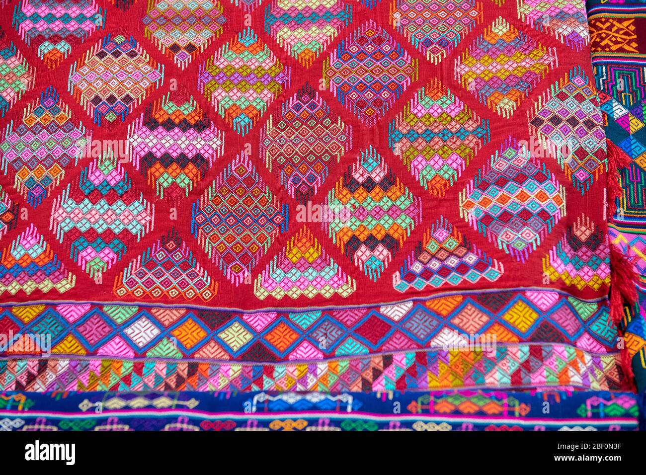 Bhutan, Thimphu. Traditional colorful and ornate hand woven textiles ...