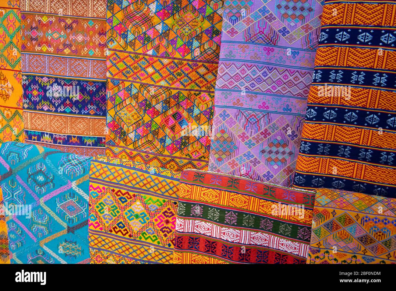 Bhutan, Thimphu. Traditional colorful and ornate hand woven textiles ...