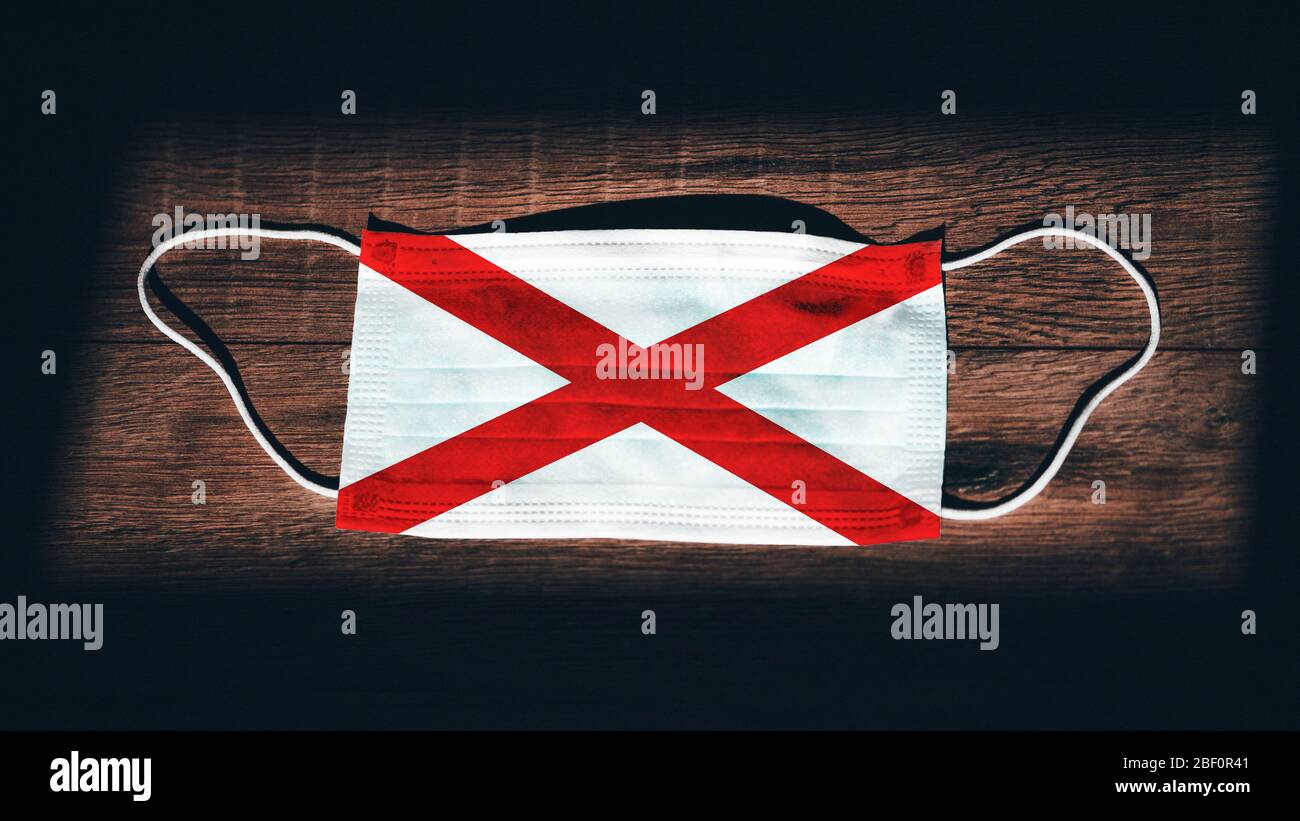 Alabama Flag. Coronavirus Covid 19 in U.S. State. Medical mask isolate ...