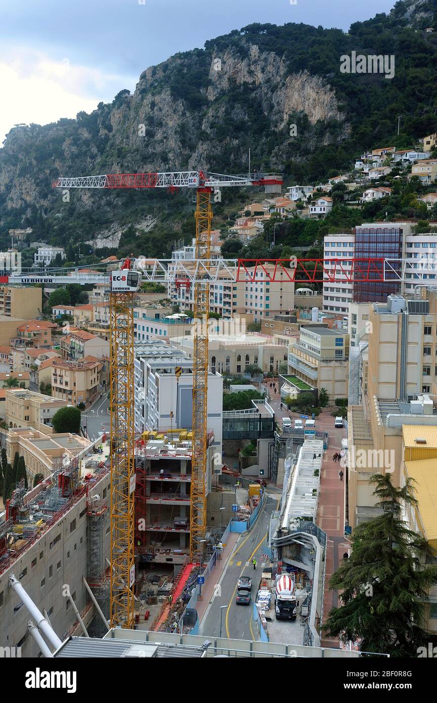 Aerial view of Monaco with construction work from the heights of the ...