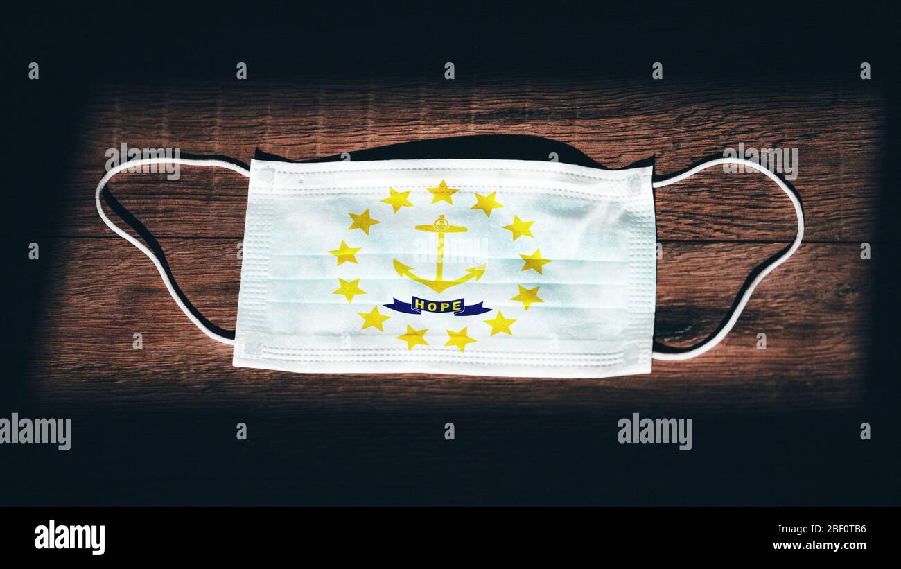 Rhode Island Flag. Coronavirus Covid 19 in U.S. State. Medical mask ...