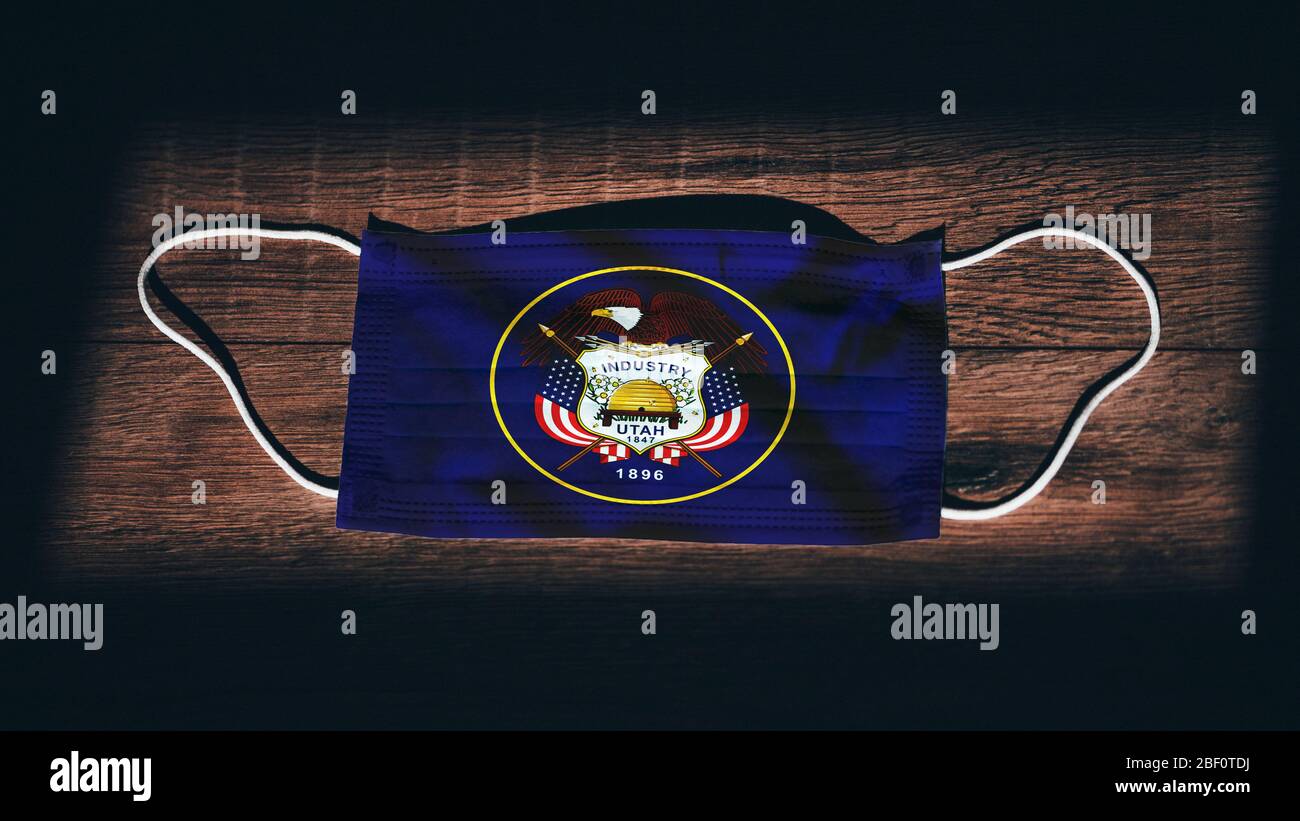 Utah Flag. Coronavirus Covid 19 in U.S. State. Medical mask isolate on ...