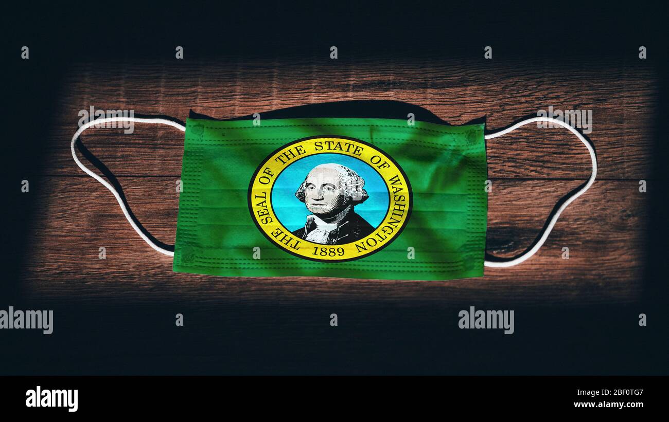 Washington Flag. Coronavirus Covid 19 in U.S. State. Medical mask ...