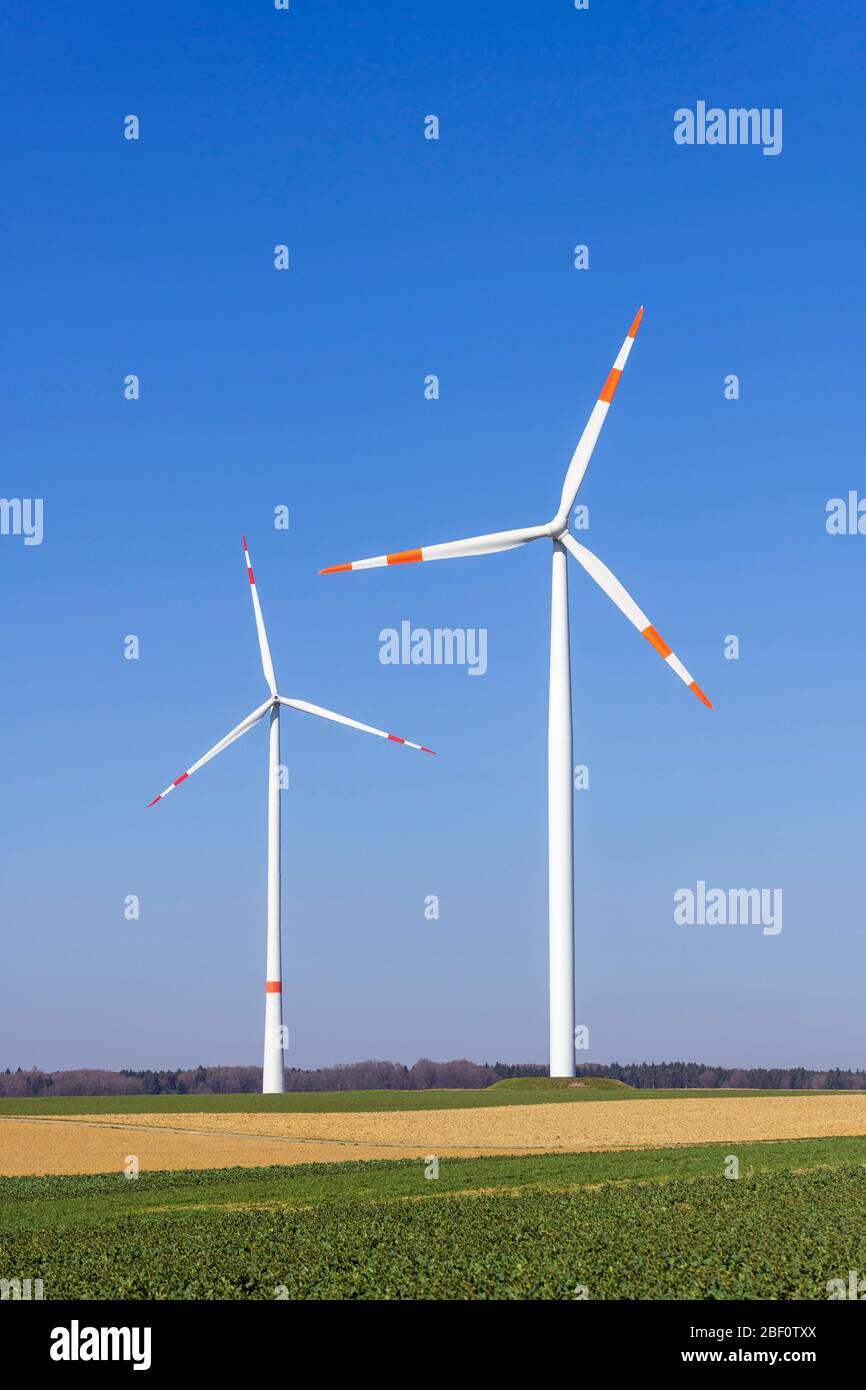 Wind turbines against a blue sky, Swabian Alb, Baden-Wuerttemberg ...