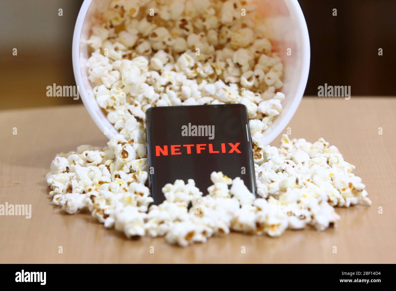 16 April 2020. Istanbul / Turkey. Netflix logo and popcorn image on the ...