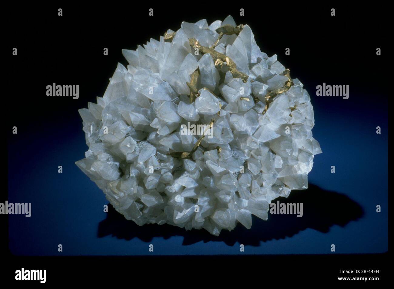 Photograph of pyrite on calcite (135625) from the National Mineral ...